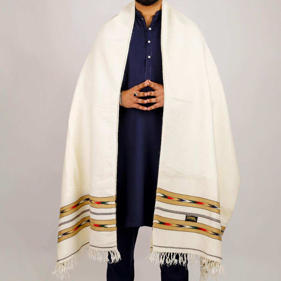 Tribal Pattern Shawl for Men - Handmade Wool Winter Shawl - White ...