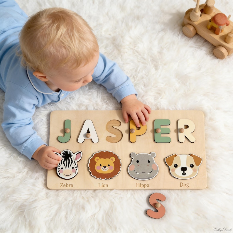 Personalized Name Puzzle, Animal Baby Shower Gift, Handmade Wooden ...