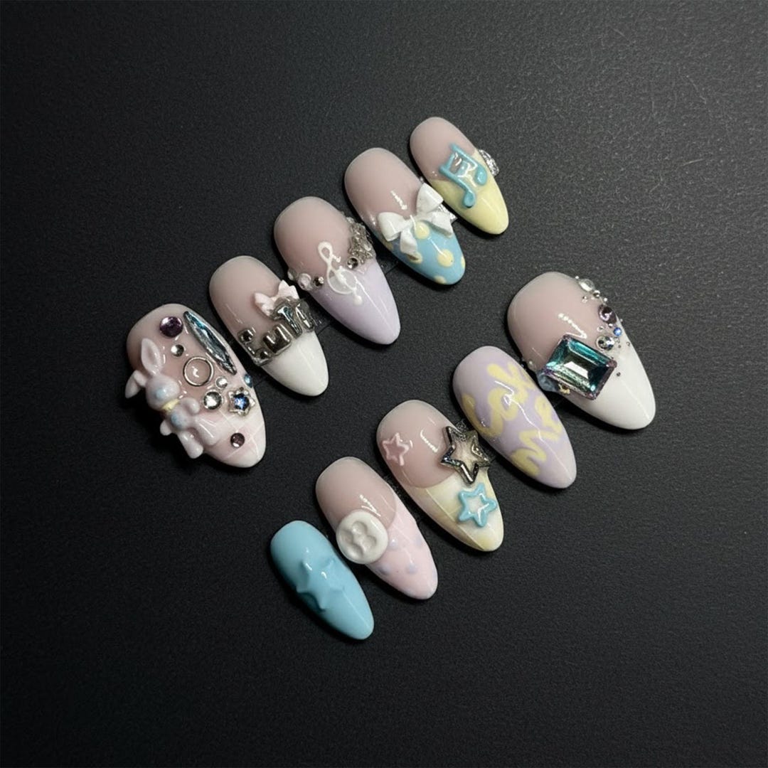 Handmade Pastel Dreamcore Press on Nails | Bunny, Stars & Bow Charms ...