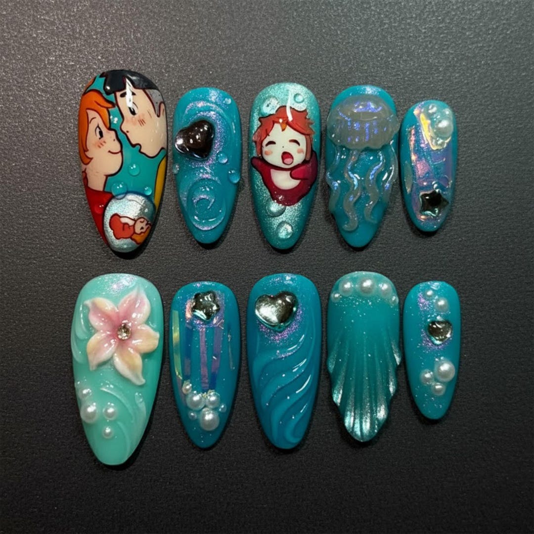 Ocean Fantasy Press on Nails | Ponyo Inspired Nail Art | Mermaid Blue ...