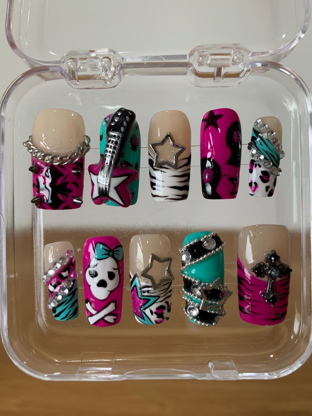 Rockstar Press-on Nails: Neon Pink, Teal, Black - Guitar, Skull, Star ...