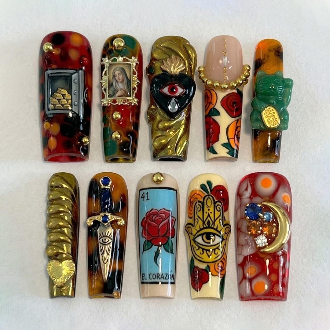 Handmade Mystic Tarot Press on Nails | With Evil Eye Heart Rose 3D ...
