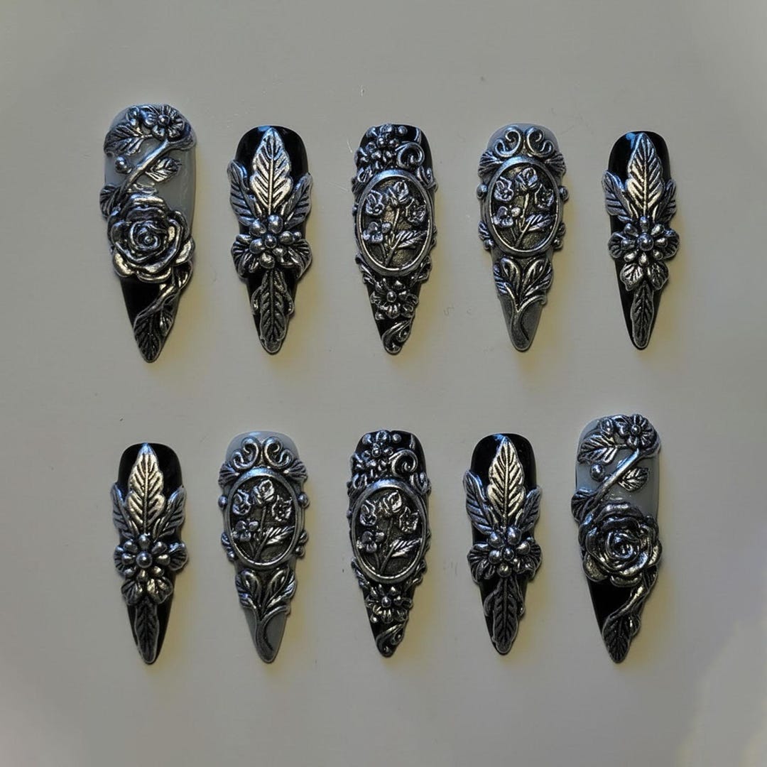 Handmade Gothic Baroque Press on Nails | Black Silver 3D Floral Armor ...