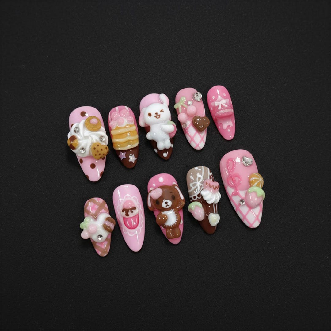 Handmade Kawaii Dessert Press on Nails | Bears, Pancakes & Candy 3D Art ...