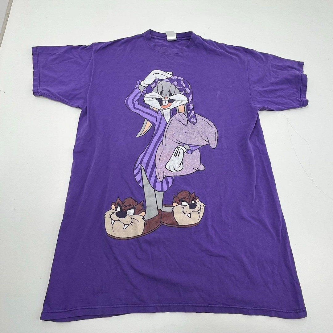 Vintage 1999 Bugs Bunny Taz Slippers Sleep Shirt Double Stitch Warner ...