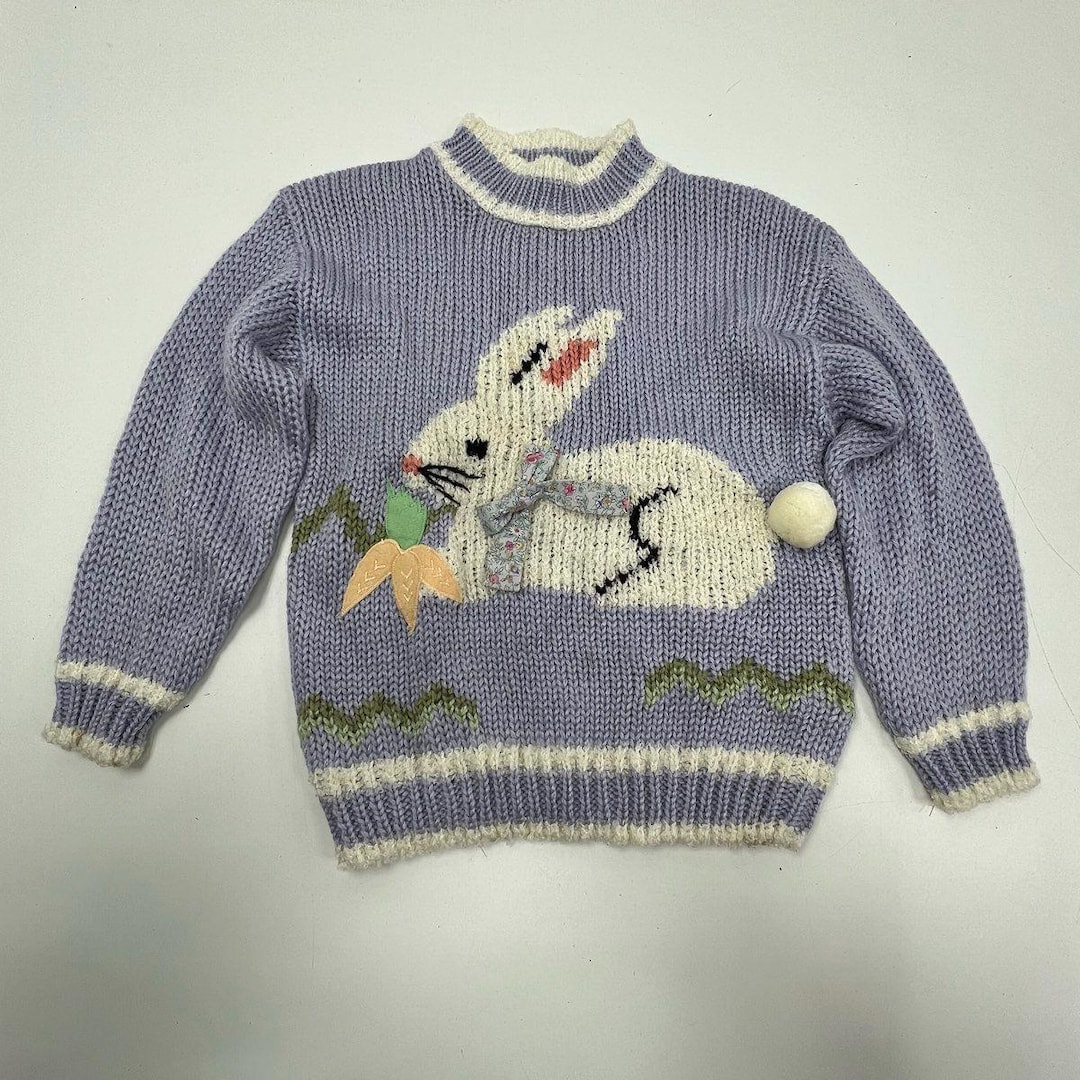 Vintage 80s Heidi Lavender Hand Knit Bunny Pom Pom Tail Sweater Size S ...