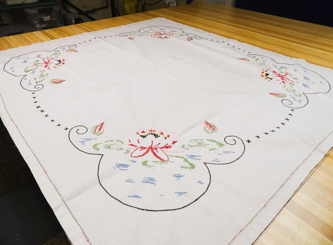 Embroidered Card Table Cover - Vintage Crewel Tablecloth - Ecru Linen ...