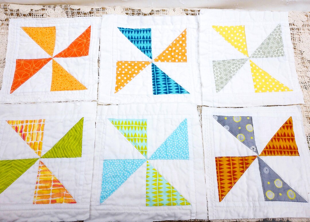 Colorful Quilt Blocks, SIX New Quilt Blocks, Windmill Quilt Salvage ...