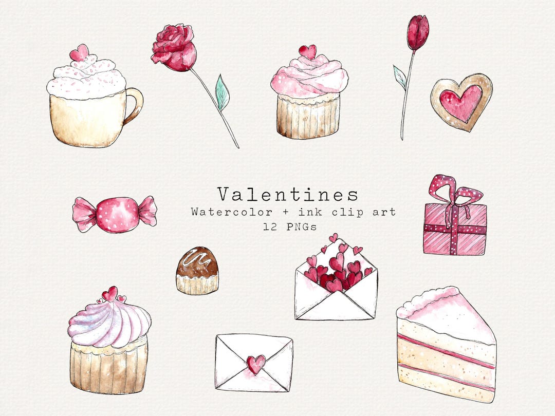 Valentines Day Treats Clipart, Watercolor Clip Art, Valentines Candy ...