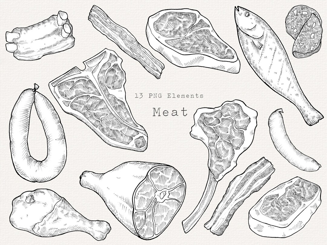 Meat PNG Clip Art, Hand Drawn Illustrations, Butcher, BBQ, Beef, Pork ...