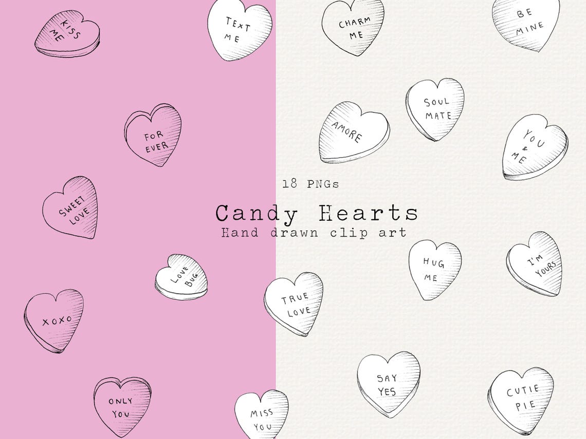 Candy Hearts Clipart, Hand Drawn Valentines Day PNG (instant Download ...