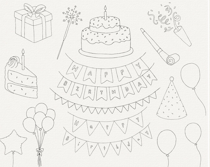 Birthday Digital Stamps Set: Hand Drawn Printable Balloons, Cake ...