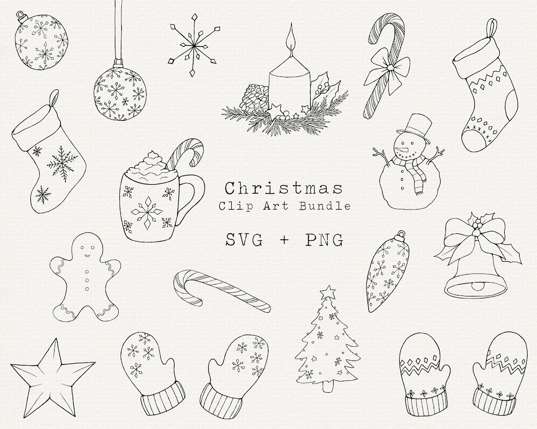 Christmas Line Art SVG Bundle, Christmas Doodle Clip Art, Hand Drawn ...
