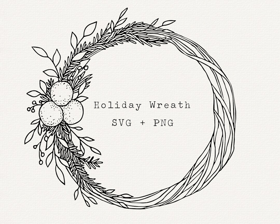 Christmas Wreath Line Art SVG, Holiday Clip Art, Commercial Use, Hand ...