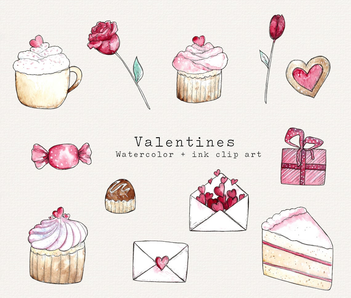 Valentines Day Treats Clipart Watercolor Clip Art Valentines - Etsy