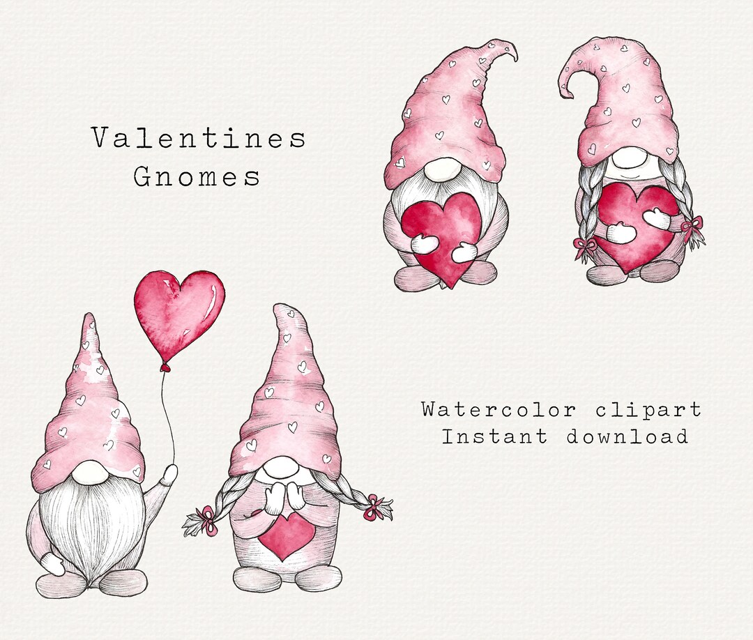Valentines Gnomes Clipart, Watercolor Valentine Gnomes Clipart Graphics ...