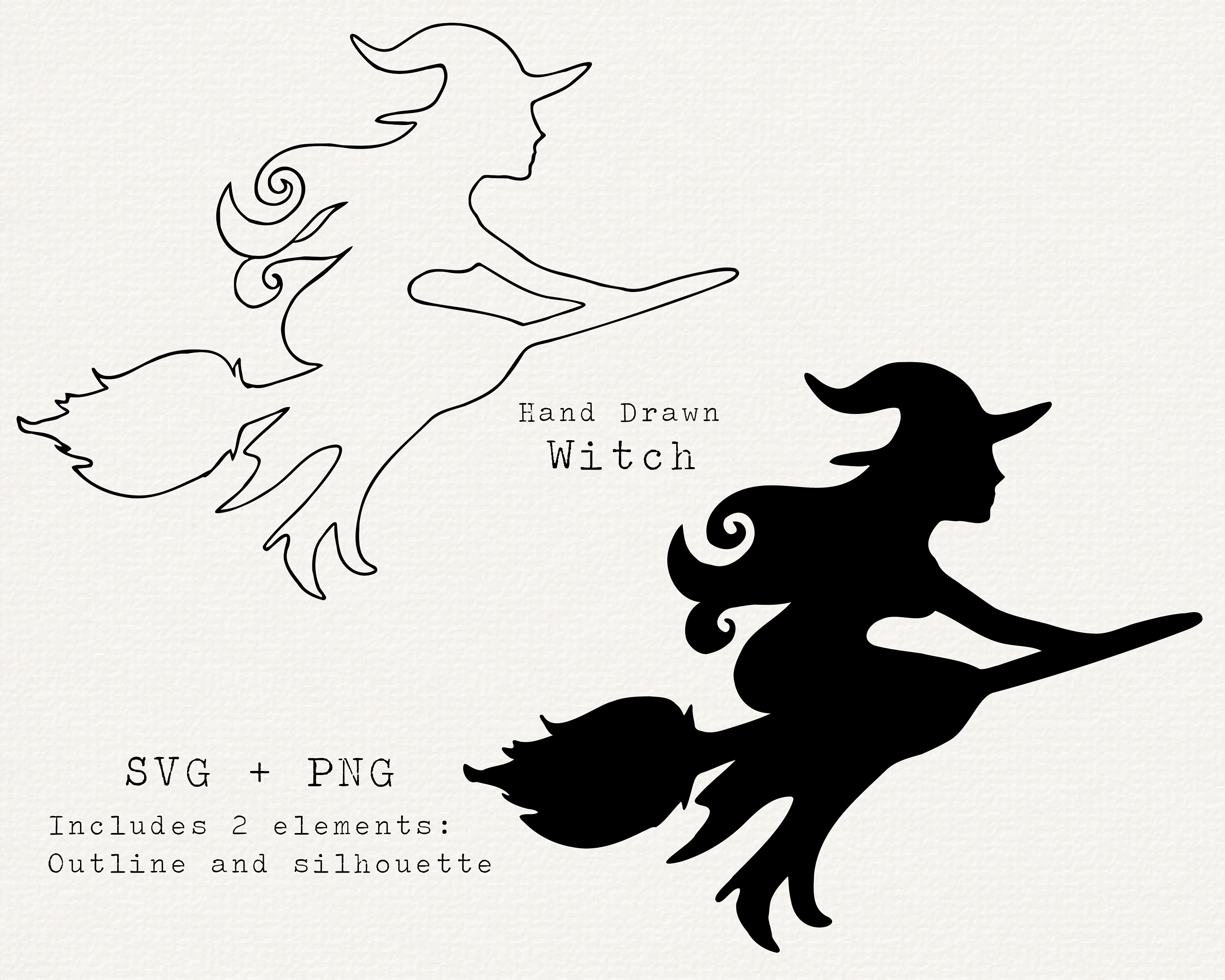 Witch Silhouette SVG Hand Drawn Witch on Broomstick - Etsy Canada