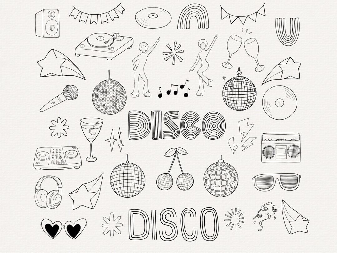 Disco SVG Bundle, Disco Party Doodle Vector Clip Art, Disco Line Art ...