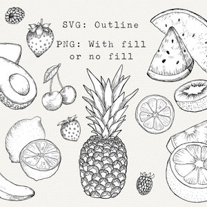 Fruit Line Art SVG PNG, Tropical Fruits Clipart, Food Illustration ...