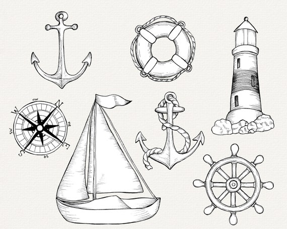 Nautical Clip Art Line Marine Thin Line Icon Set. Outline Web Sign Kit