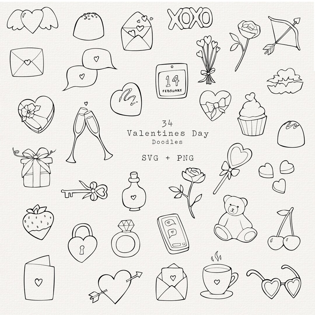 Valentine's Day Doodles - 34 SVG & PNG Clipart Graphics - Etsy