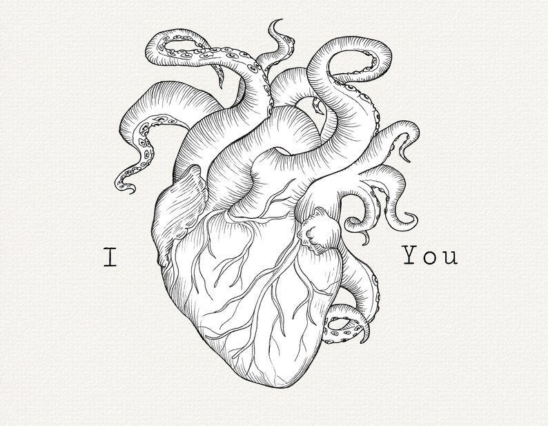 Tentacle Heart Print, Octopus Line Art, Hand Drawn Clip Art (PNG ...