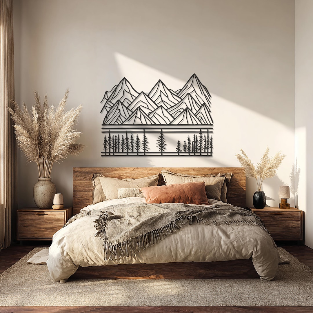Mountain Forest Metal Wall Art, Layered Mountain Landscape Decor, Pine ...