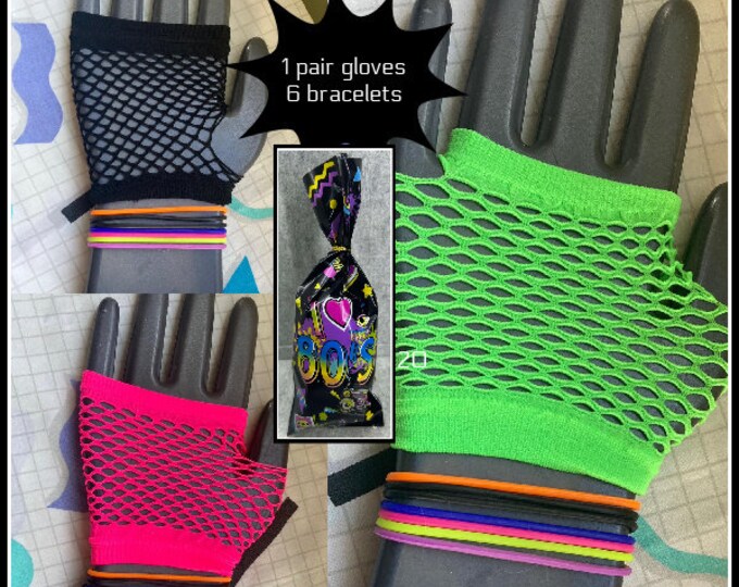 MANY COLORS 6 80s Style Jelly Bracelets Plus 1 Pair Fishnet Gloves 80s ...