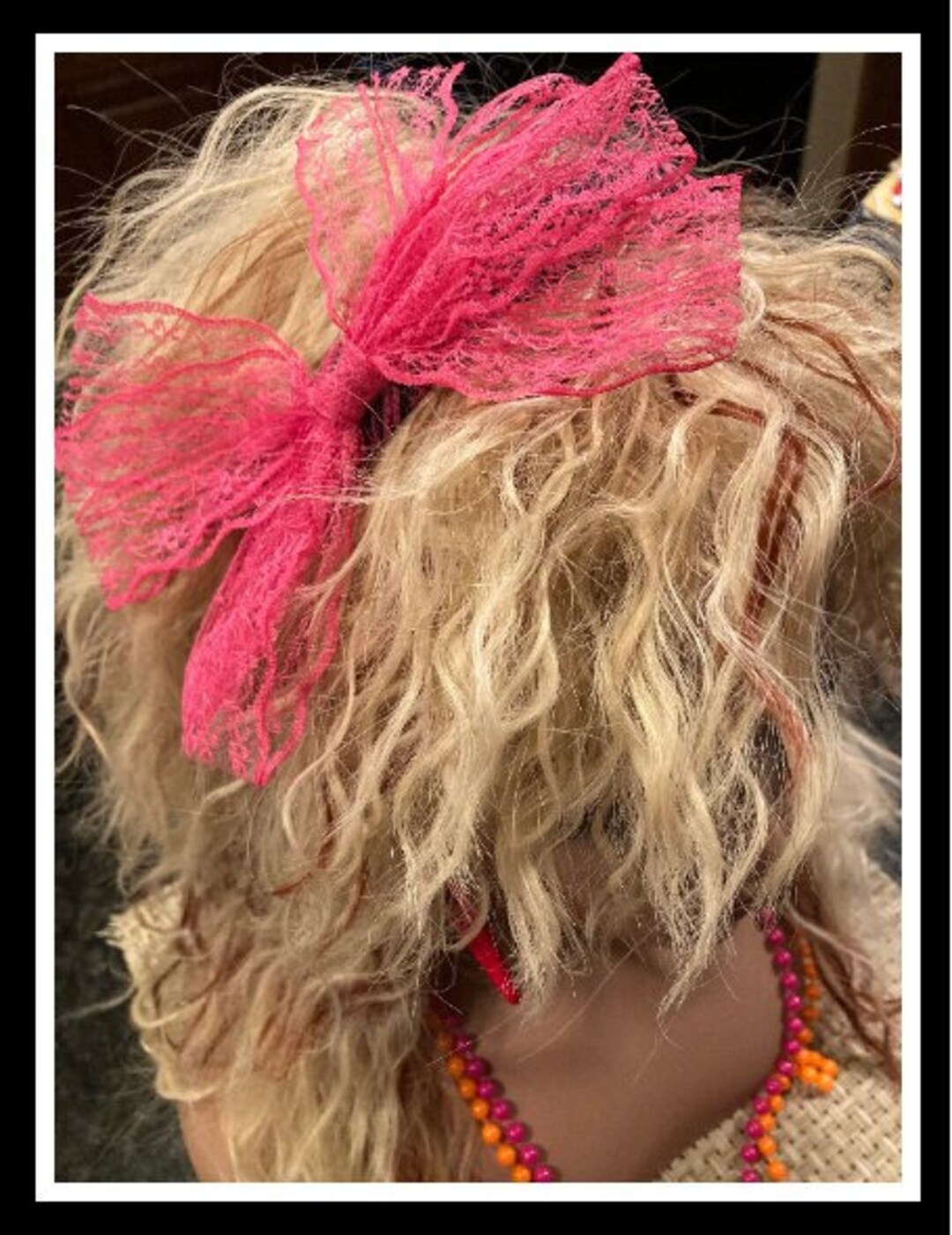 80s Costume Party Supply Neon Pink Lace Bow Headband 80s Bow Headband ...