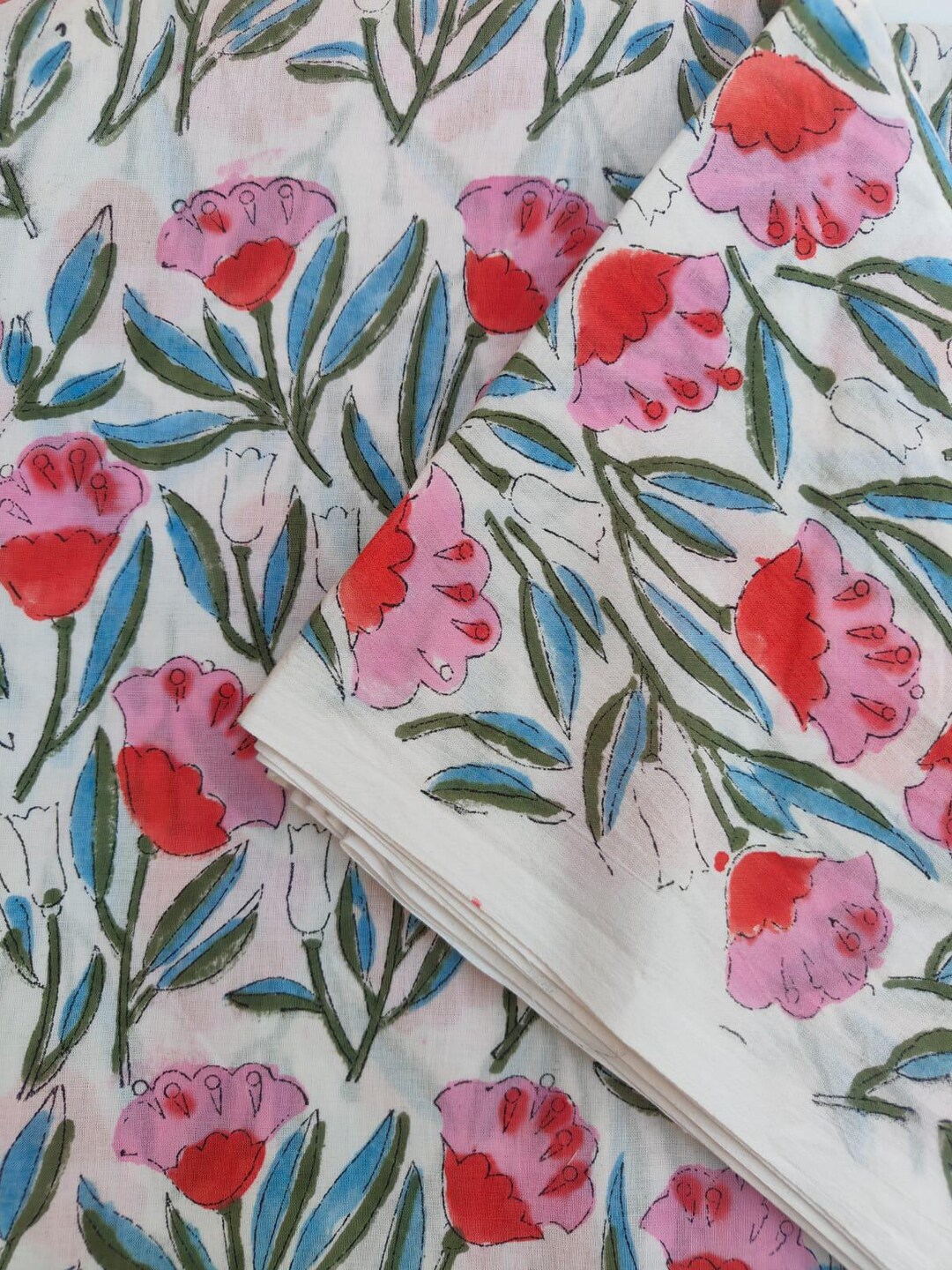 Boho Style Hand Block Print Fabric, Floral Handmade Organic Cotton by ...