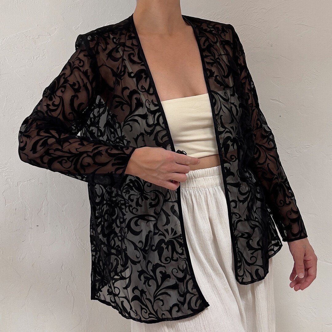 1990s Sheer Patterned Chiffon Organza Long Sleeve Open Front Shacket ...