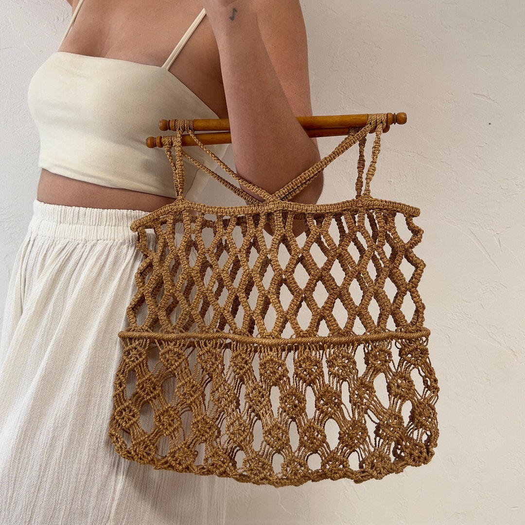 1970s Jute Macrame Open Weave Market Tote W/ Wooden Handles - Etsy