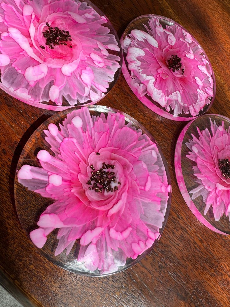 Pink Resin Flower Coaster - Set of 4 - Etsy