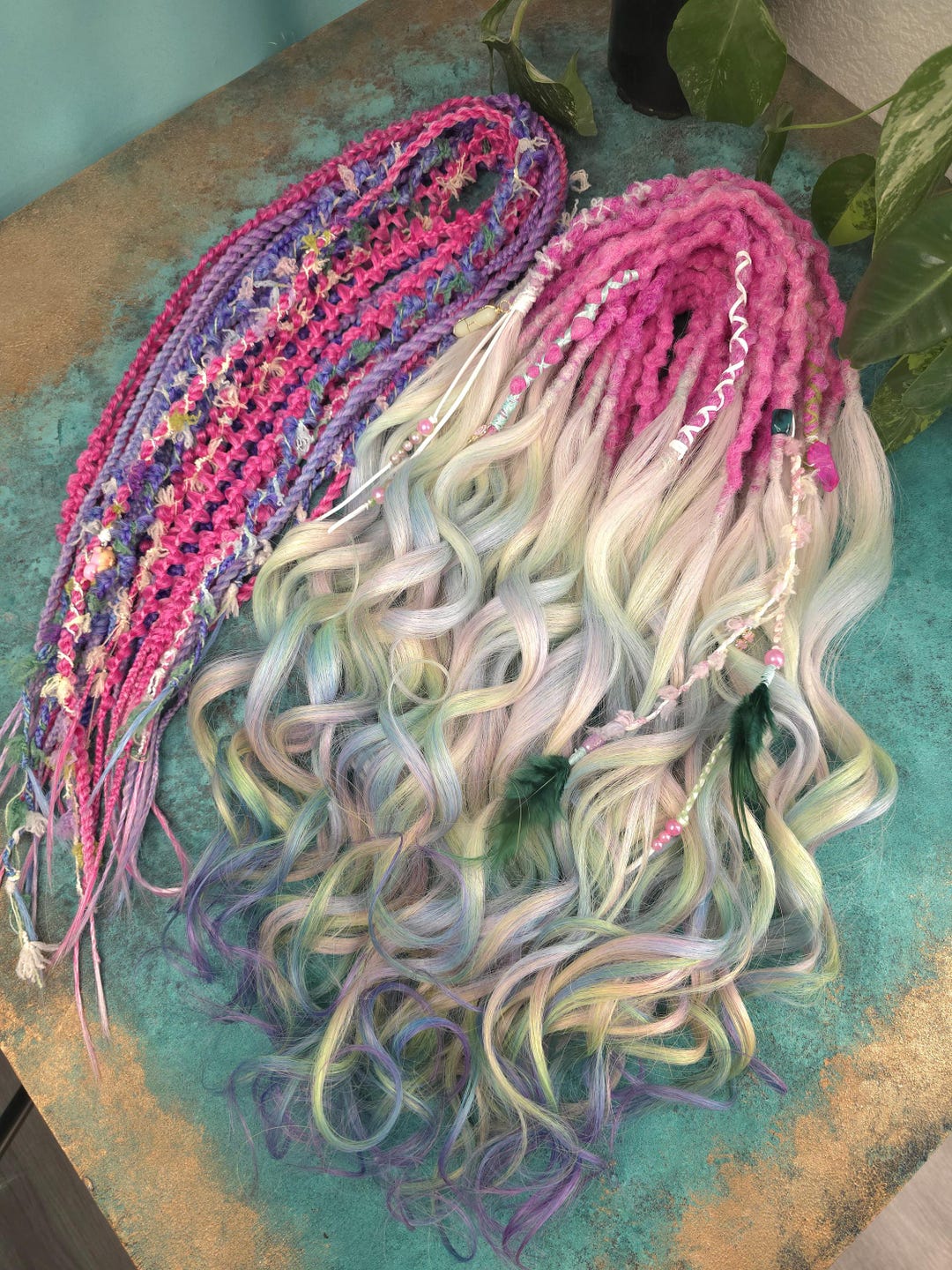 Pink Rainbow Ombre Synthetic Textured Dreadlocks With Curls and Braids ...