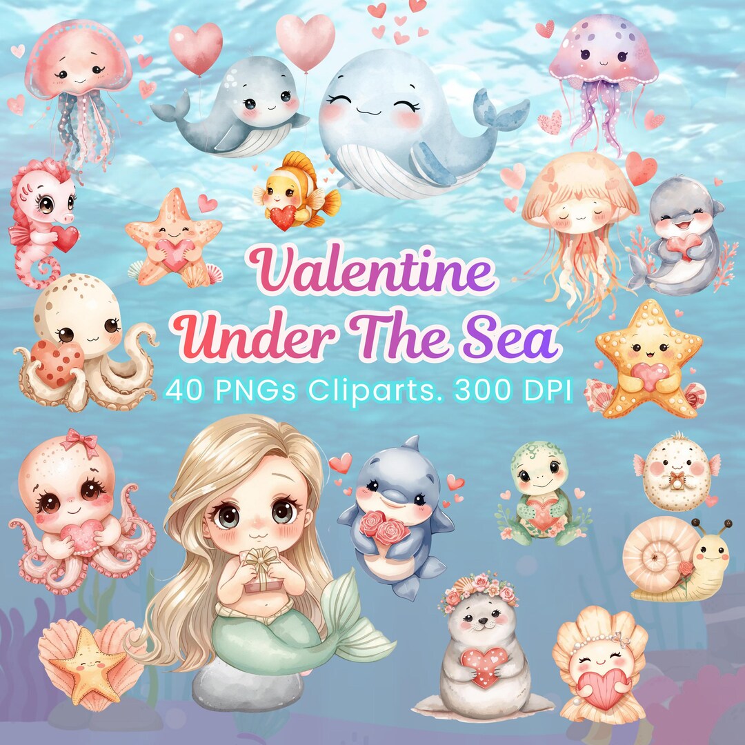 Valentine Sea Creature Clipart, Kawaii Ocean Animals PNG Bundle - Etsy