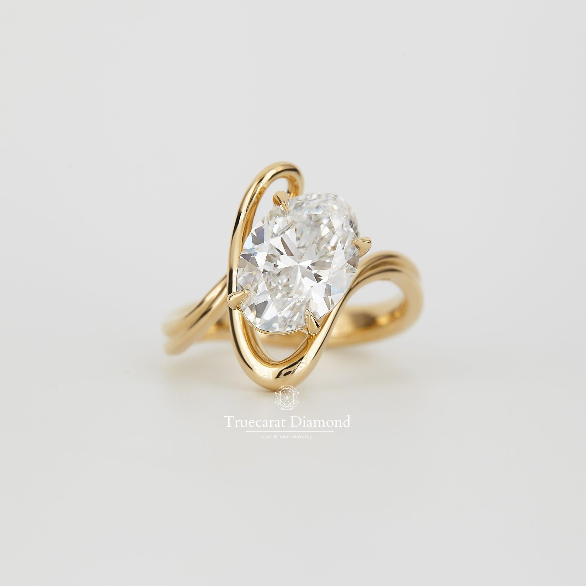 Unique Curve Diamond Ring, 2.00CT Oval Cut Lab Grown Diamond Engagement ...
