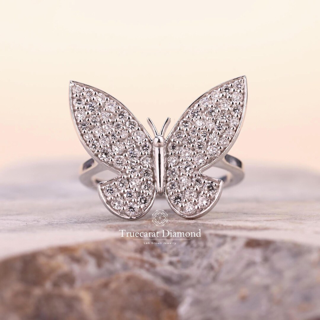 Butterfly Shape Minimalist Round Lab Grown Diamond Engagement Ring, 14K ...