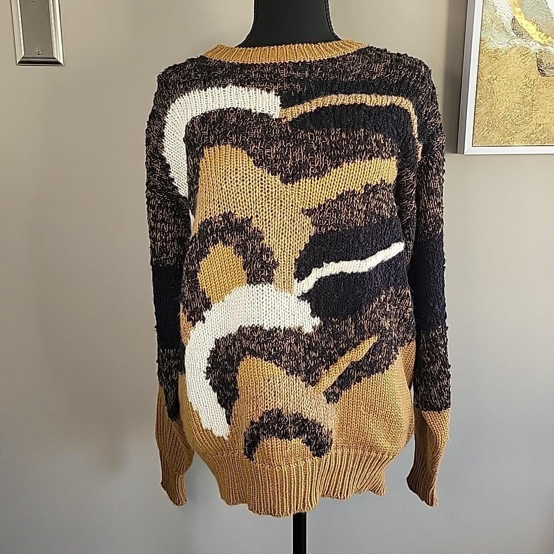 VINTAGE 80's JOYCE Acrylic Knit Brown Abstract Chunky Sweater Women's ...