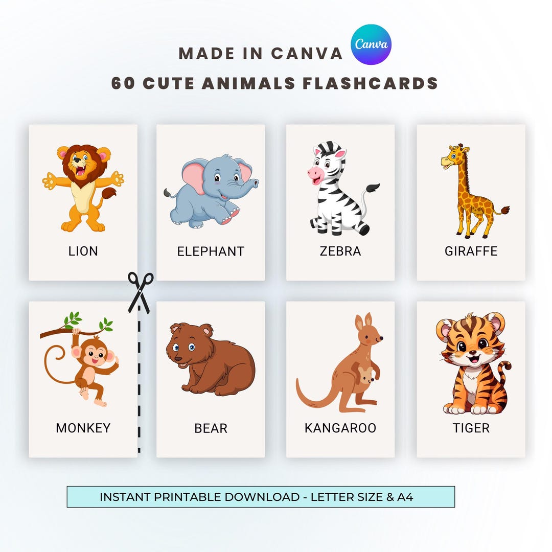 60 Animal Flash Cards for Kids | Toddlers Printable | Preschool ...