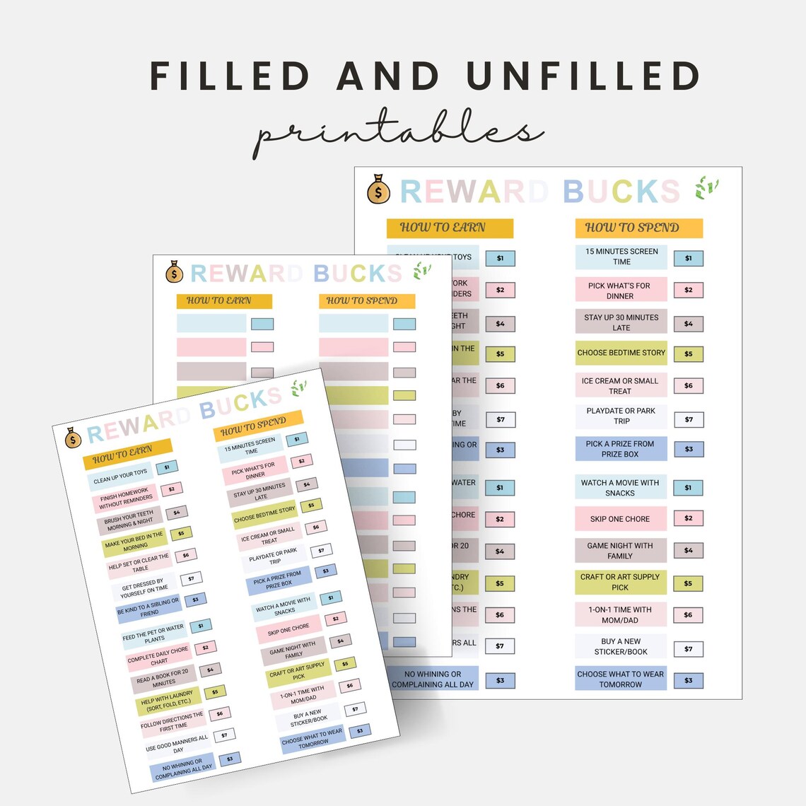 Printable Kids Reward Bucks – 7 Colorful Designs | Filled & Blank ...