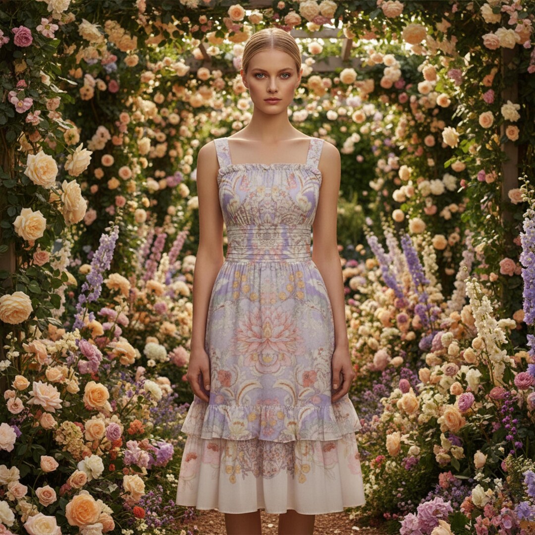 Pastel Baroque Floral Midi Dress for Spring Garden Parties and Summer ...