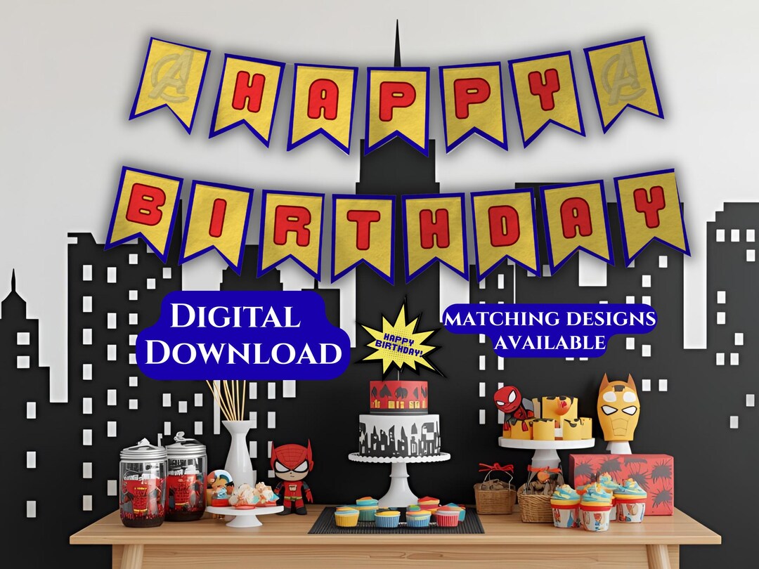 Superhero Customizable Birthday Banner: Avengers Comic Book Pennants ...