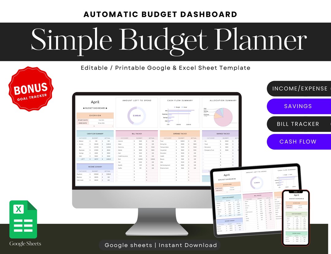 Monthly Simple Budget Financial Planner Excel Budget Saving Income ...