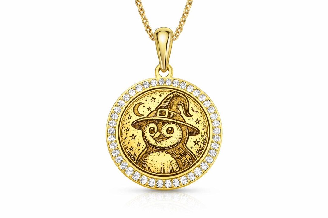 Witch Owl Pendant Necklace | Moissanite Halo, Gold Medallion - Etsy