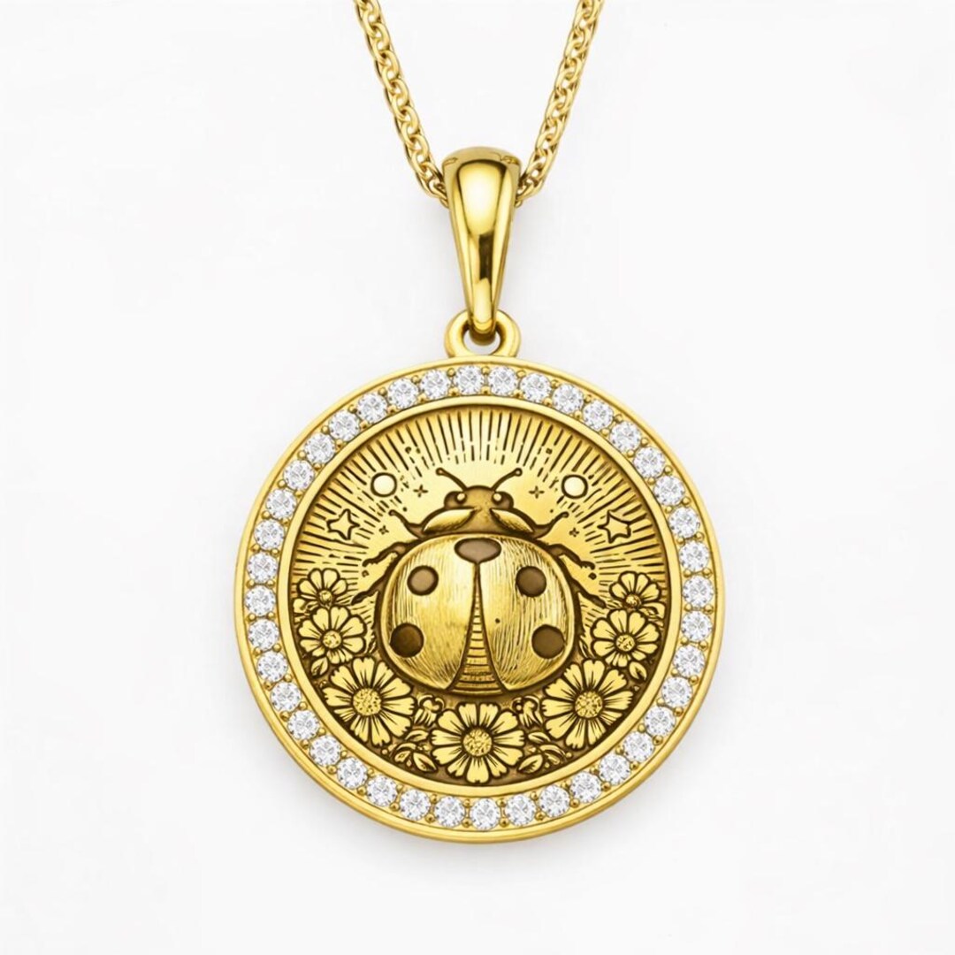 Gold Ladybug Coin Necklace - Moissanite Halo, Lucky Floral Pendant - Etsy