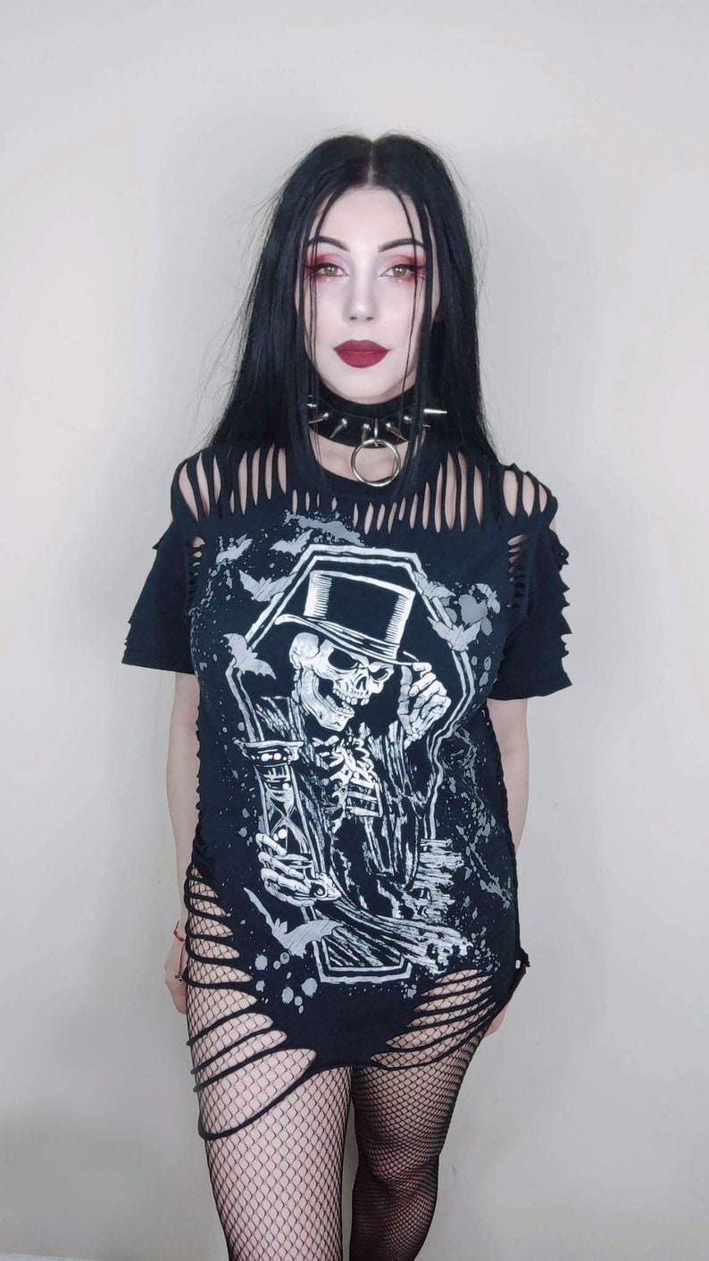 Goth Shredded Top Tunic Unisex Skeleton Coffin Bats Vintage Slashed ...