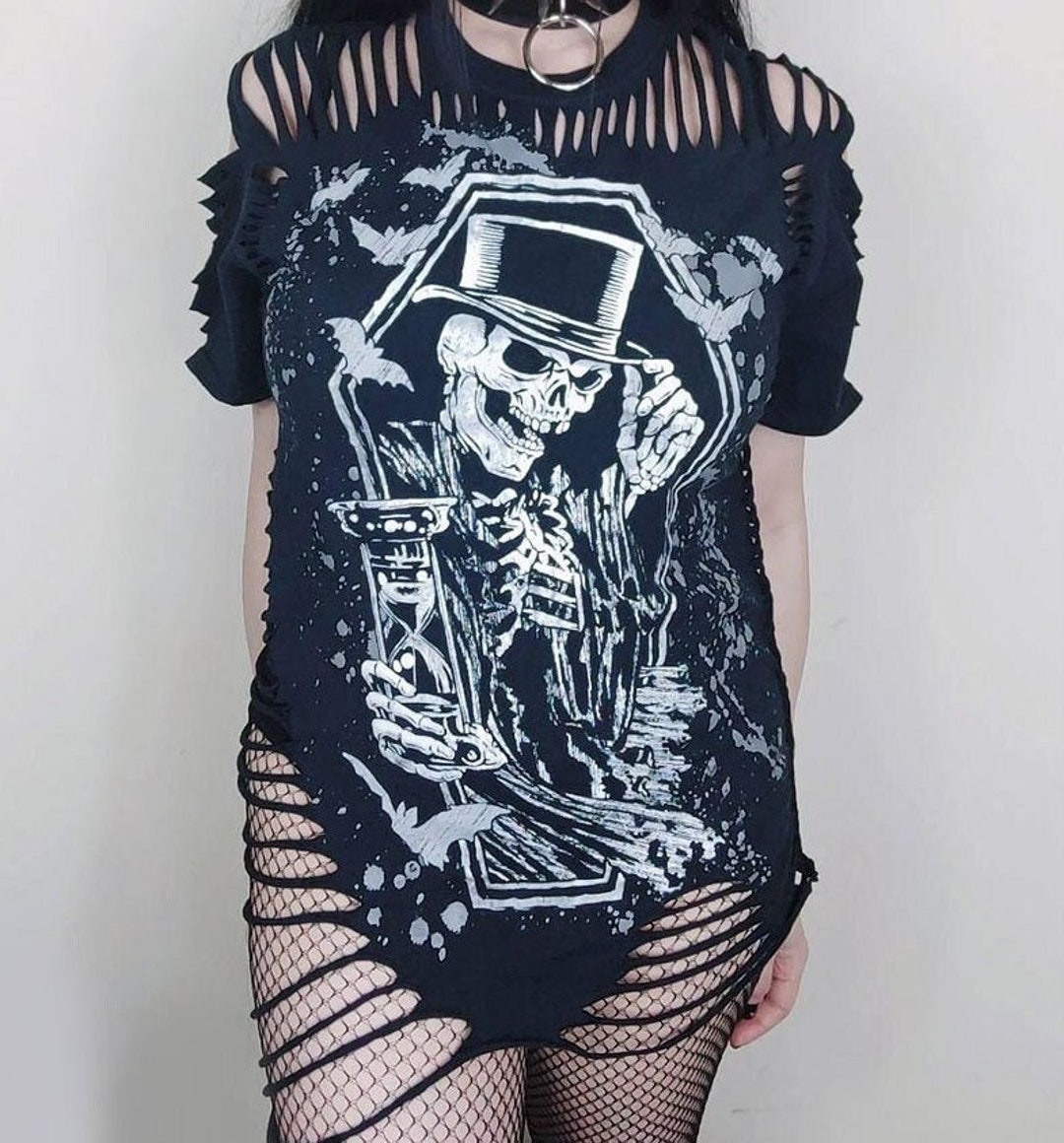 Goth Shredded Top Tunic Unisex Skeleton Coffin Bats Vintage Slashed ...