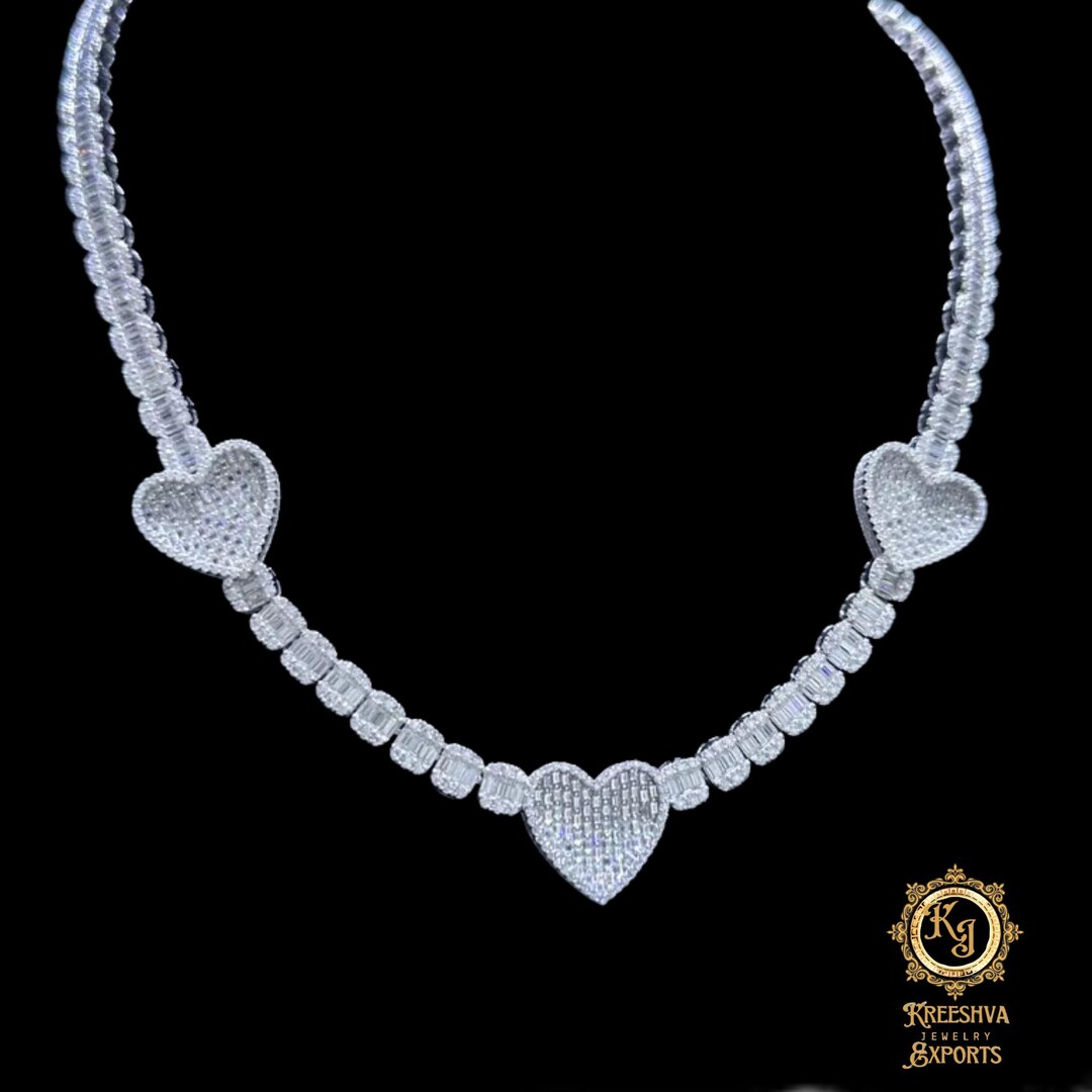 Iced Out Heart Tennis Necklace, 14k White Gold, Baguette VVS Moissanite ...