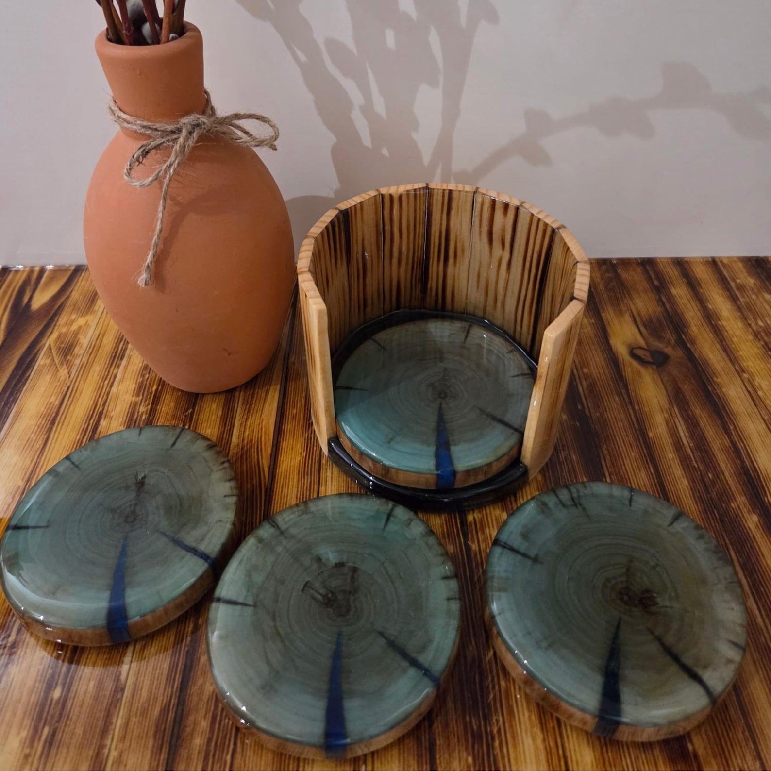 Rustic Wood & Resin Coaster Set: Live Edge Drink Coasters With Holder ...