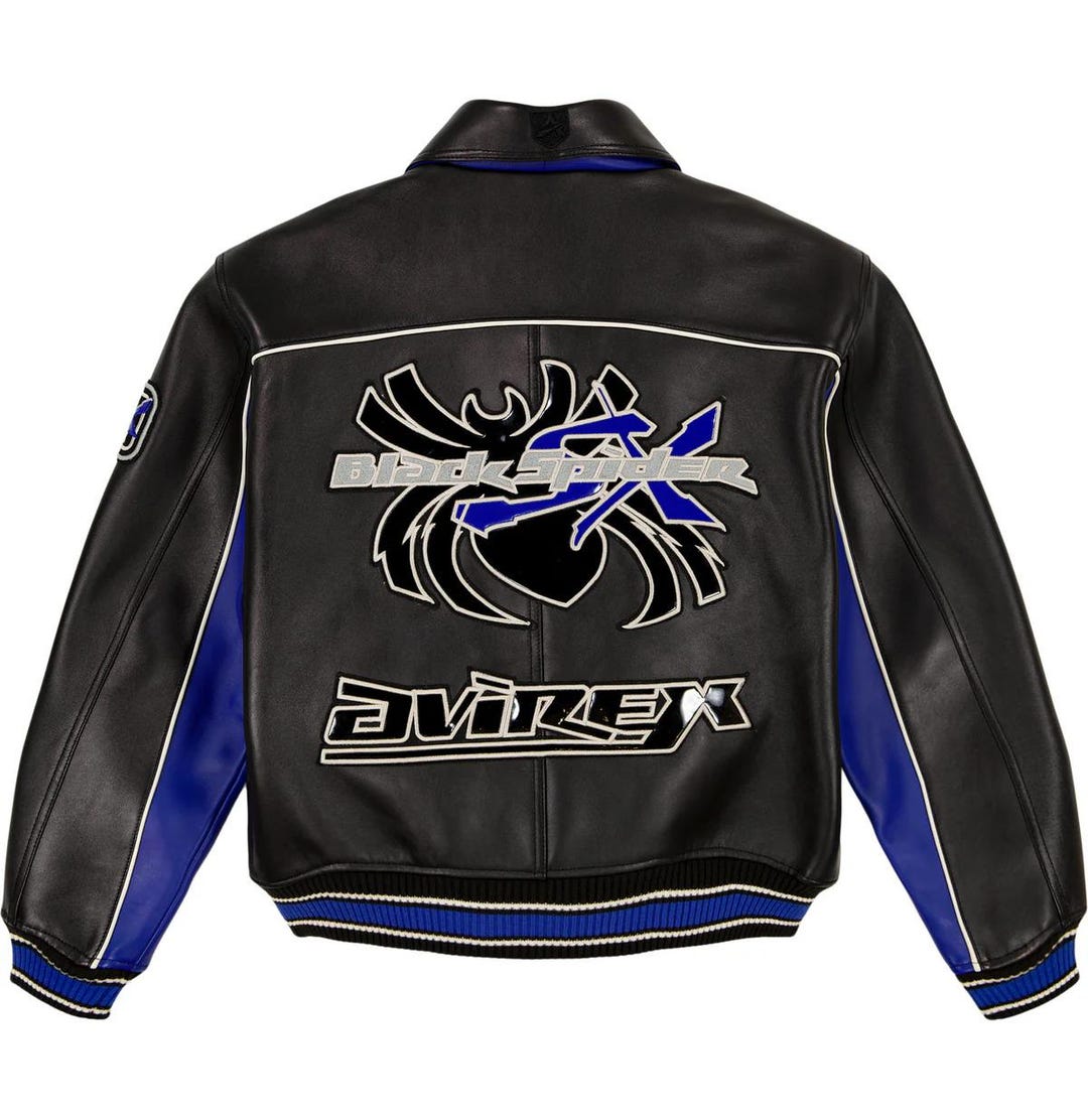 Men's Black Blue Avirex Racing Leather Jacket, Super Cross Style Real ...
